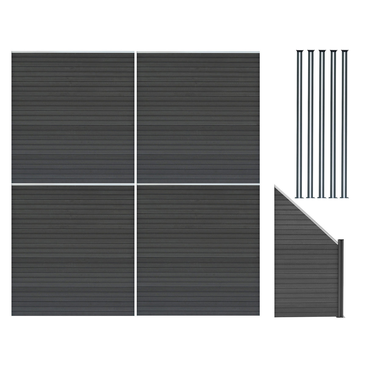 Composiet Schutting Panelen x 4, Schuin Paneel & LED Palen x 5 - Grijs ...
